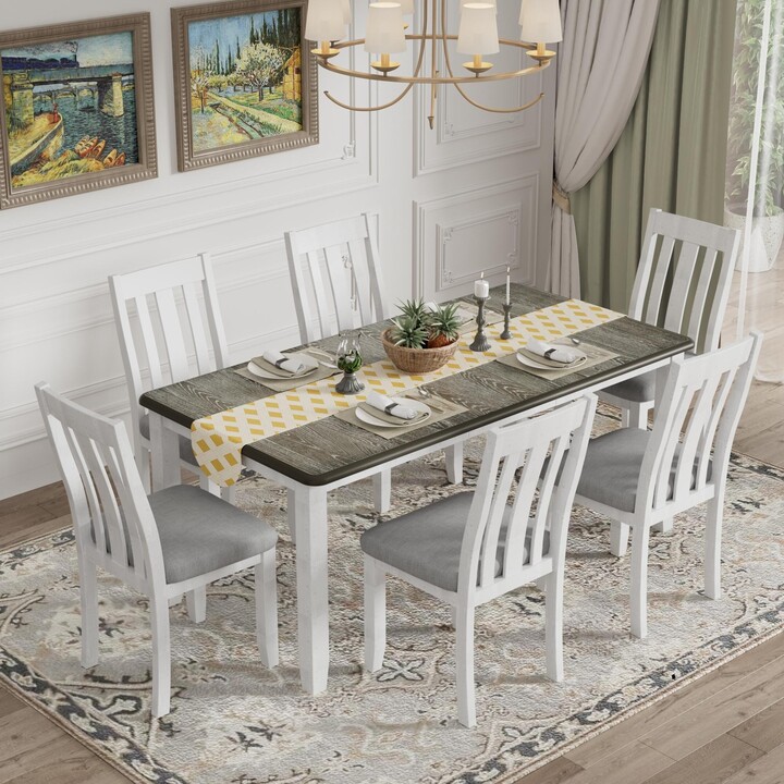Sunmory Retro Style 7-Piece Dining Table Set with Extendable Table and 6 Upholstered Chairs ...