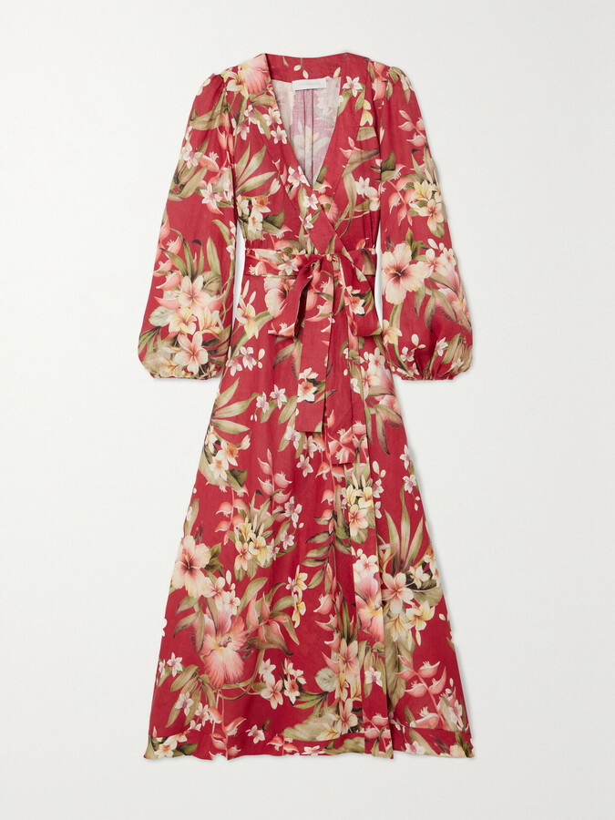 Zimmermann + Net Sustain Lexi Floral-print Linen Midi Wrap Dress - Red ...