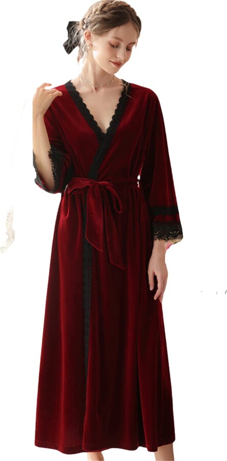 MAYILNSIN Women's Long Velvet Robe Kimono Bathrobe with Belt with Lace ...