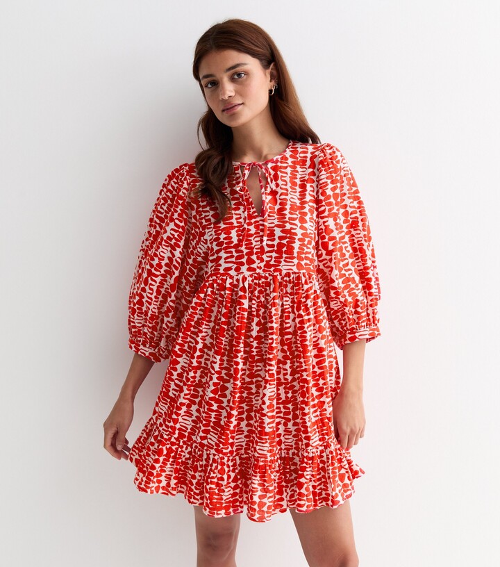 New Look Red Abstract Print Tiered Mini Smock Dress - ShopStyle