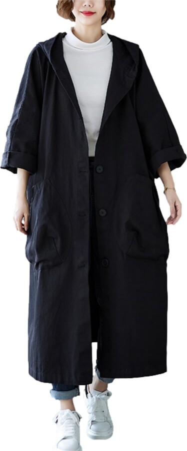 HangNiFang Womens Oversized Long Trench Coat Baggy Cotton Hooded ...