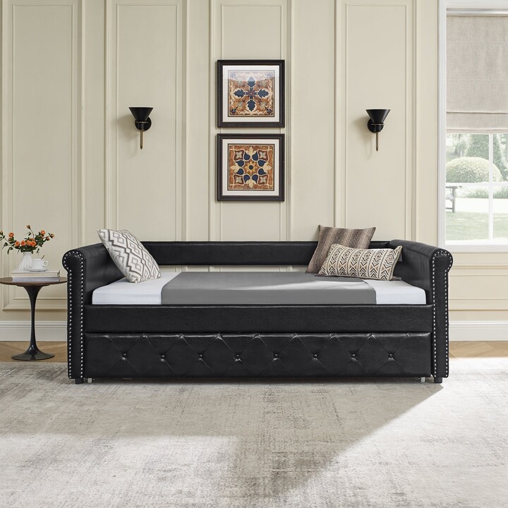 Daybed with Trundle Upholstered Tufted, with Button and Copper Nail ...