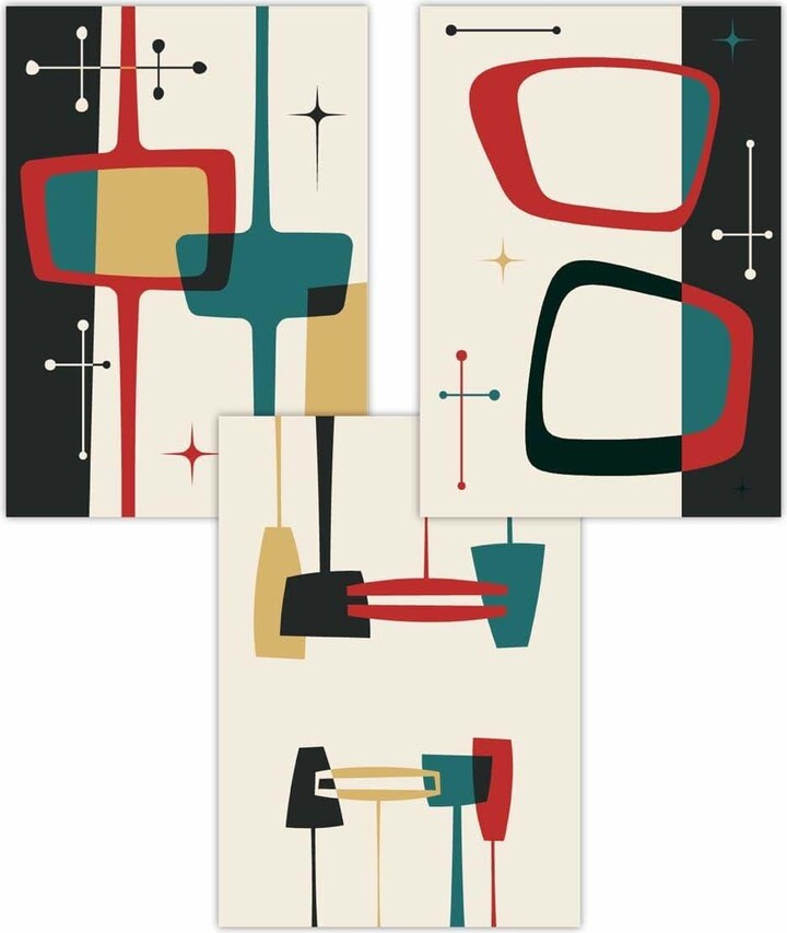 ARTZE Set of 3 Mid Century Modern in Black Teal Red Yellow Art Posters ...