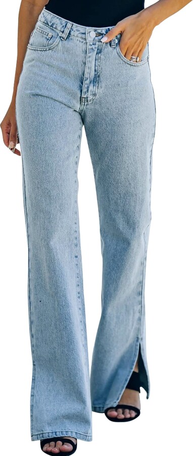 AUBIG Women's Flared Jeans Middle Waist Hem Slit Slim Trousers Washed ...