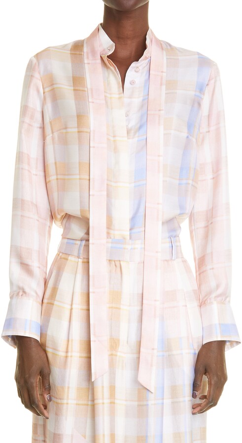 Zimmermann Dancer Ombré Check Tie Neck Silk Shirt - ShopStyle Long ...