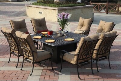 Lark Manor Byram 9-Piece Patio Propane Fire Pit Dining Set with ...