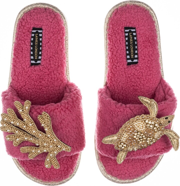 LAINES LONDON - Teddy Towelling Slipper / Sliders With Artisan Gold ...