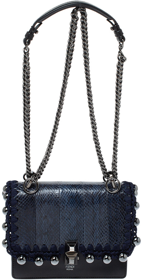 Fendi Navy Blue/Black Python and Leather Beaded Small Kan I Crossbody ...