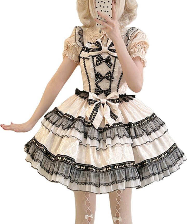HIMI HIMIFASHION Teens Lolita Suspender Dress Sweet Bow Layered Ruffle ...