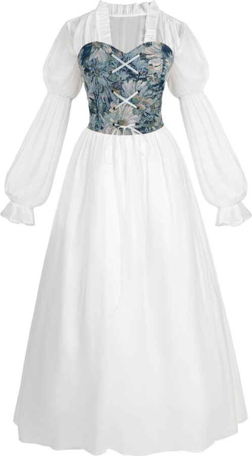 NSPSTT Renaissance Dress Puff Sleeve Dress Long Elven Medival Dress ...