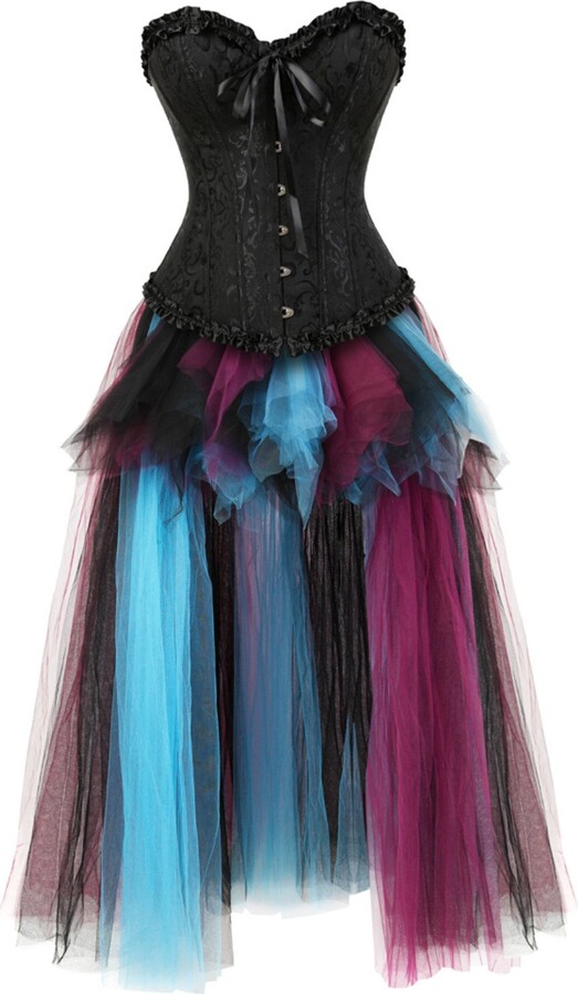 Grebrafan Corset with Long Skirt Gothic Classic Overbust Bustier Tulle ...