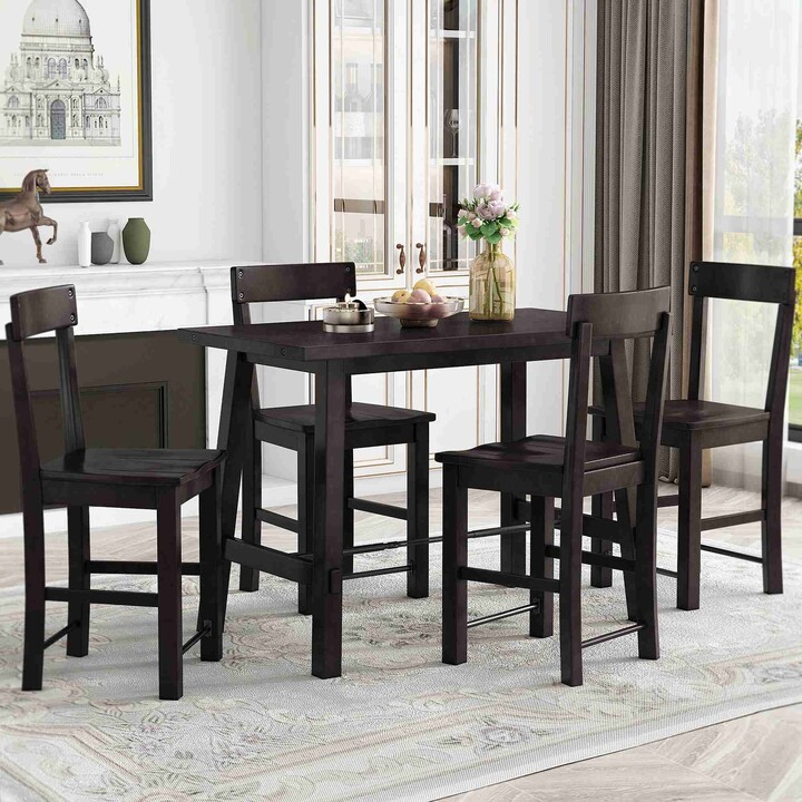 5-Piece Counter Height Dining Table Set Solid Wood & Metal Dining Table ...