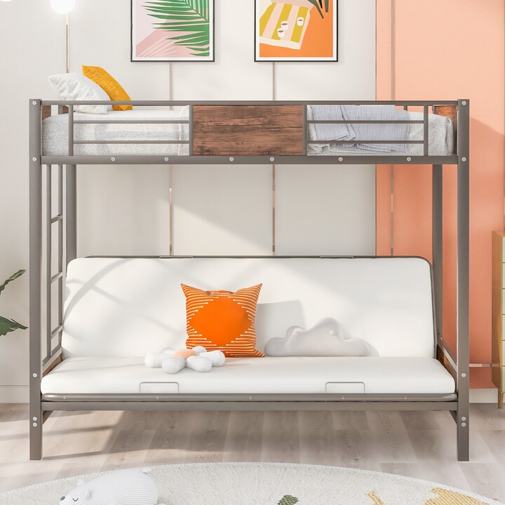 Twin-Over-Futon Bunk Bed, Metal Futon Bunk Bed Frame with Guardrails ...
