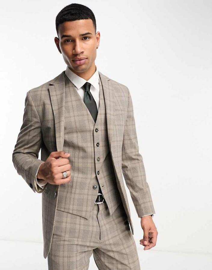 Selected slim fit suit jacket in beige check - ShopStyle