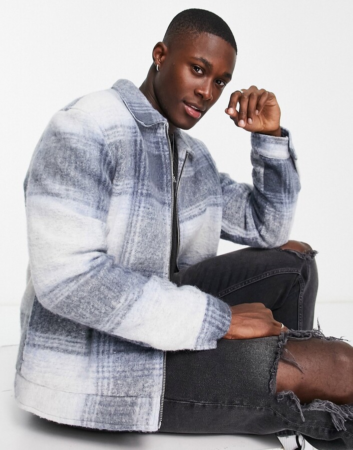 ASOS DESIGN regular fit harrington jacket in blue check - ShopStyle