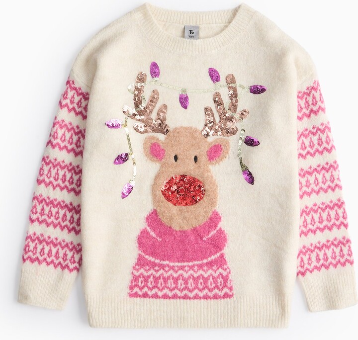 Tu Cream Cream Rudolph The Reindeer Sequin Christmas Jumper (11 Years ...