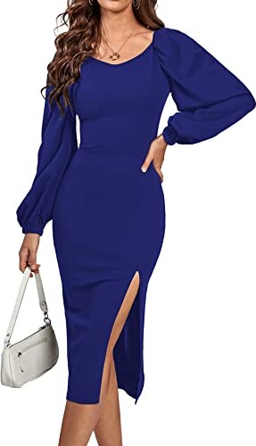 Rooscier Women's High Split Side Square Neck Long Sleeve Bodycon Sexy ...