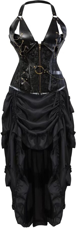 jutrisujo Steampunk Corset Dress Leather Bustier Top Skirt Set Gothic ...