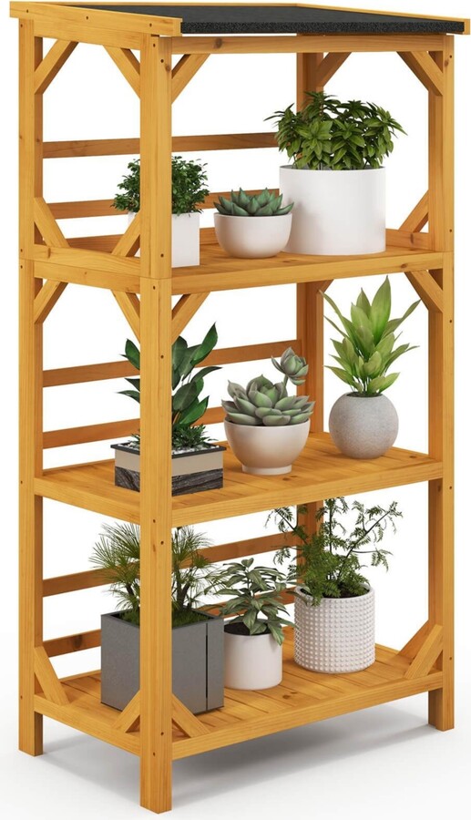 Sugift 3-Tier Wooden Plant Stand with Weatherproof Asphalt Roof for ...