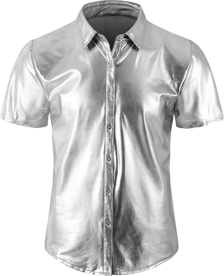 COSAVOROCK Mens 70s Silver Shirt Disco Metallic Fancy Dress Outfit Ugly ...