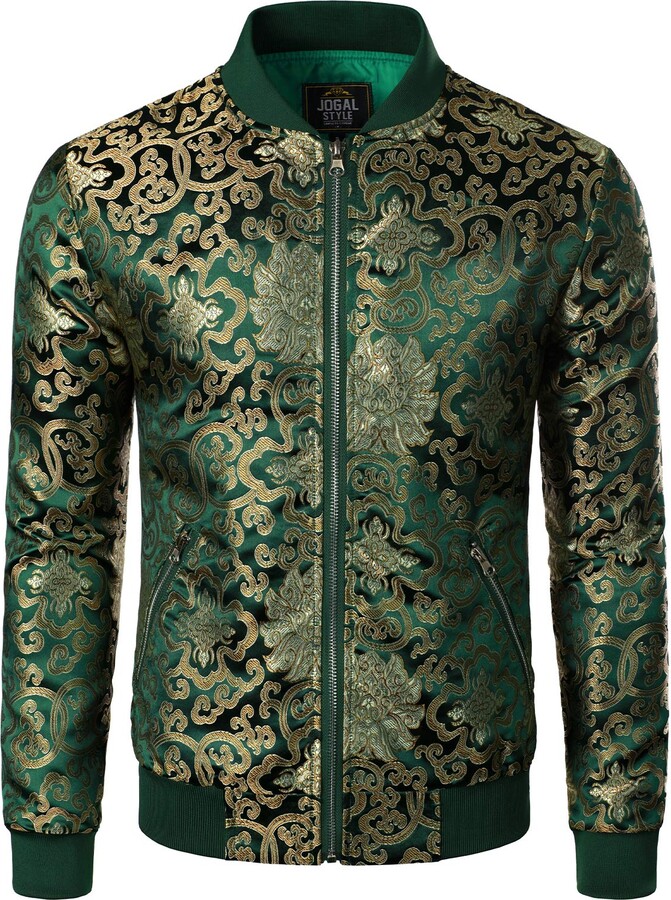 JOGAL Men's Luxury Paisley Floral Embroidered Satin Bomber Jacket Stand ...