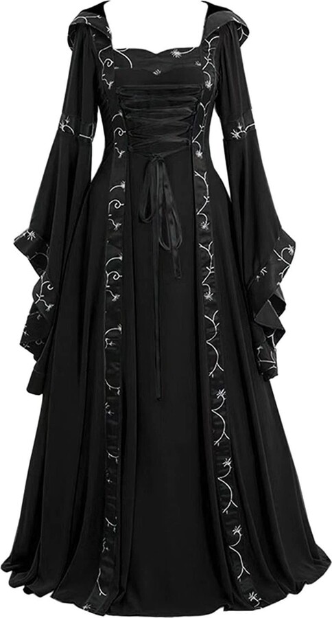 PAIDAXING Women's Vintage Medieval Costume Long Trumpet Sleeves Maxi ...