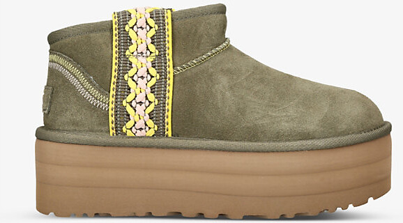 UGG Womens Khaki Classic Ultra Mini Platform Braided Suede and ...