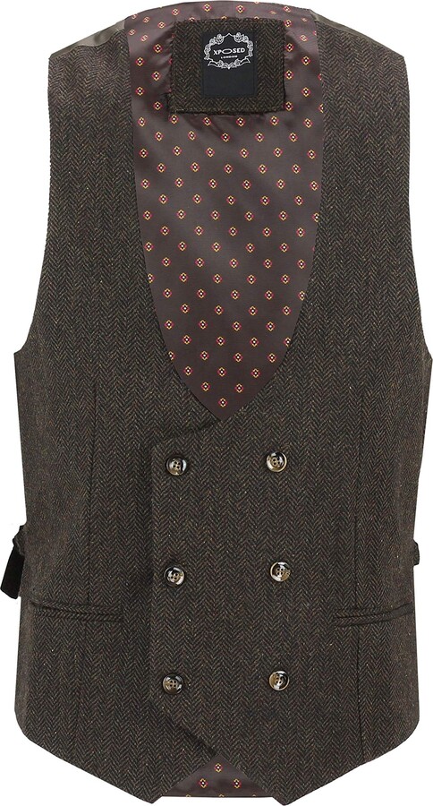 Xposed Tyler Men’s Herringbone Tweed Waistcoat Classic Low Cut Double ...
