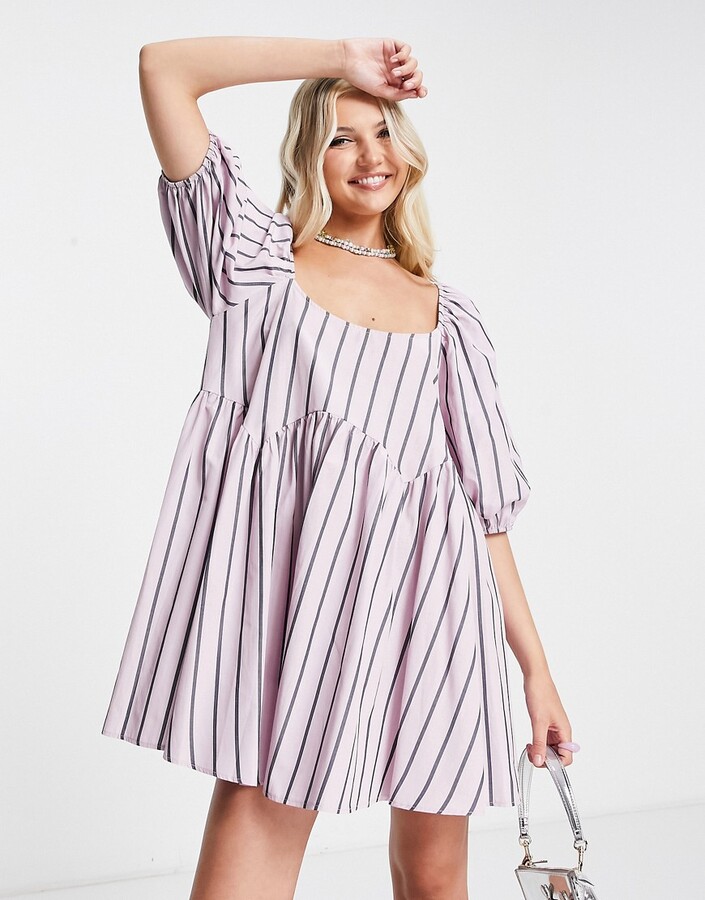 ASOS DESIGN cotton jumbo scallop puff sleeve smock dress in stripe - ShopStyle