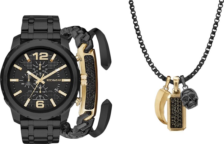 Rocawear Men's Shiny Black Metal Mesh Bracelet Watch 50mm Set - Black ...