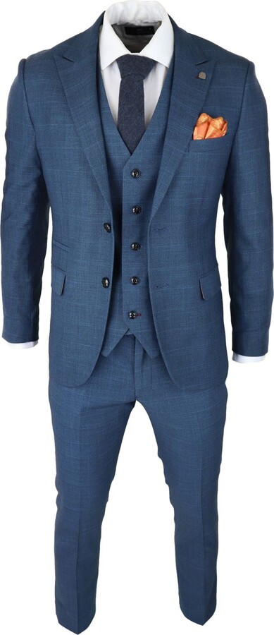 TruClothing Mens 3 Piece Prince of Wales Check Suit Blue Classic Light ...