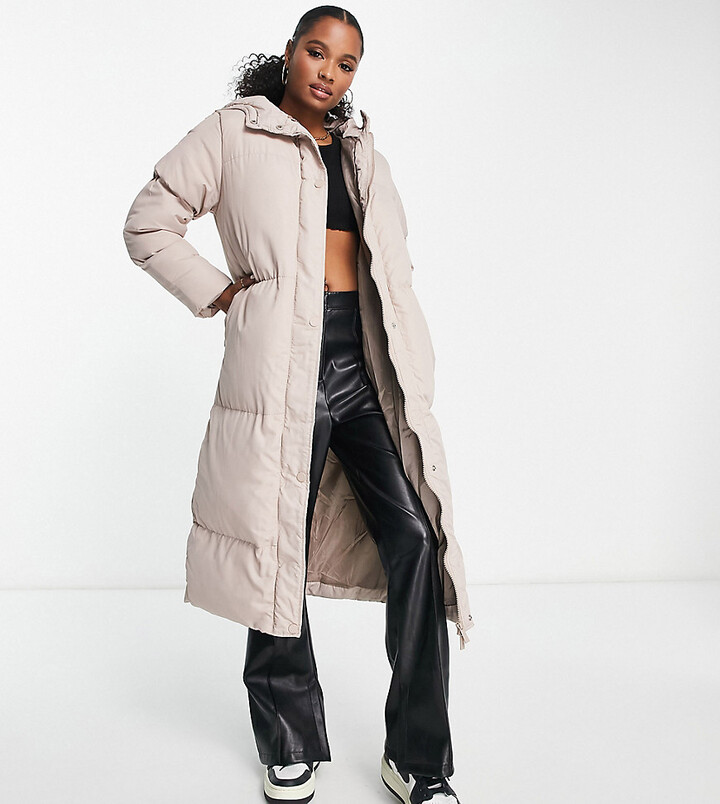 Threadbare Petite Jodie maxi puffer coat with hood in taupe - ShopStyle