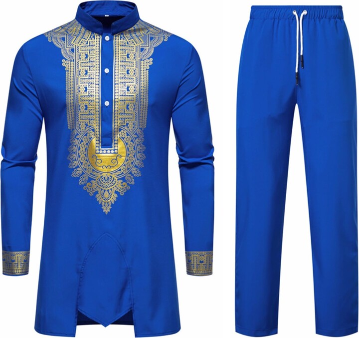 Mymyguoe Muslim Robe Men's Thobe Islamic Costume Long Sleeve Gold Print ...