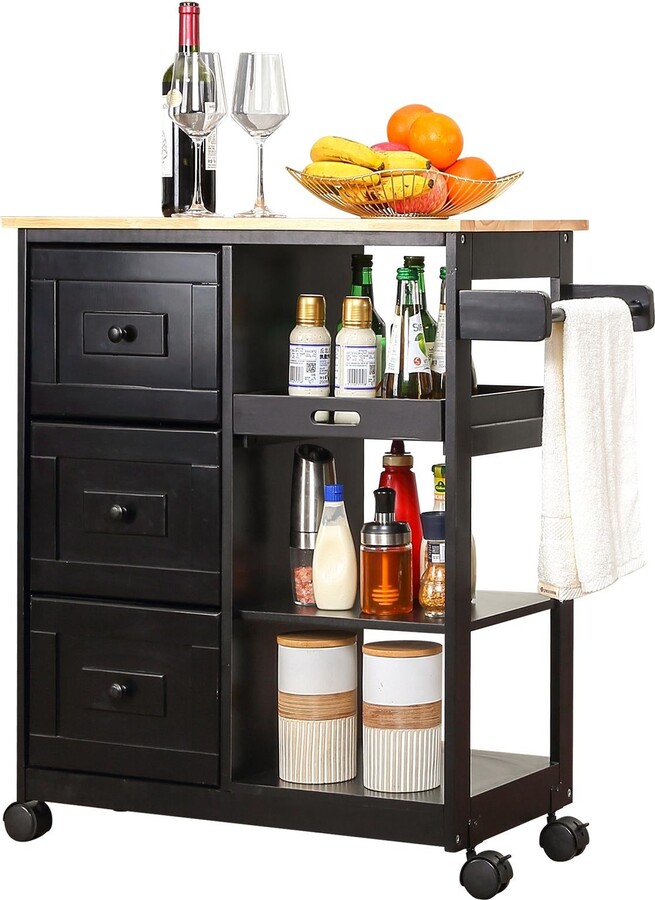 Zeus & Ruta Black Lockable Utility Kitchen Carts On Wheels with ...