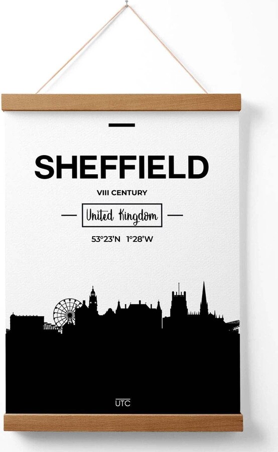 ARTZE Sheffield Black and White City Skyline Poster with Oak Hanger ...