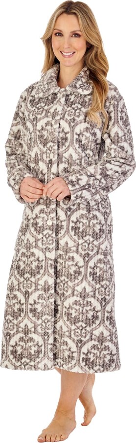 Slenderella Ladies Waffle Fleece Damask Dressing Gown Button Front ...