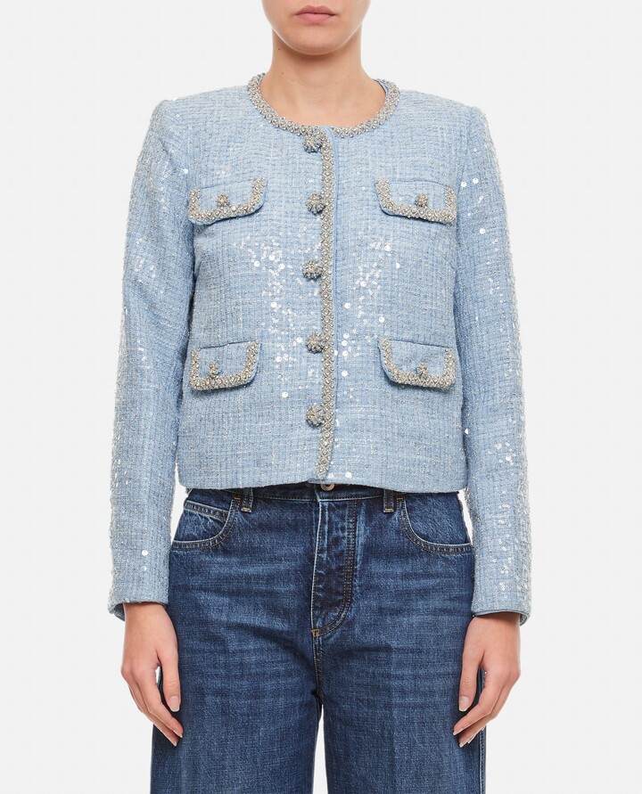 Self-Portrait Blue Sequin Boucle Jacket - ShopStyle