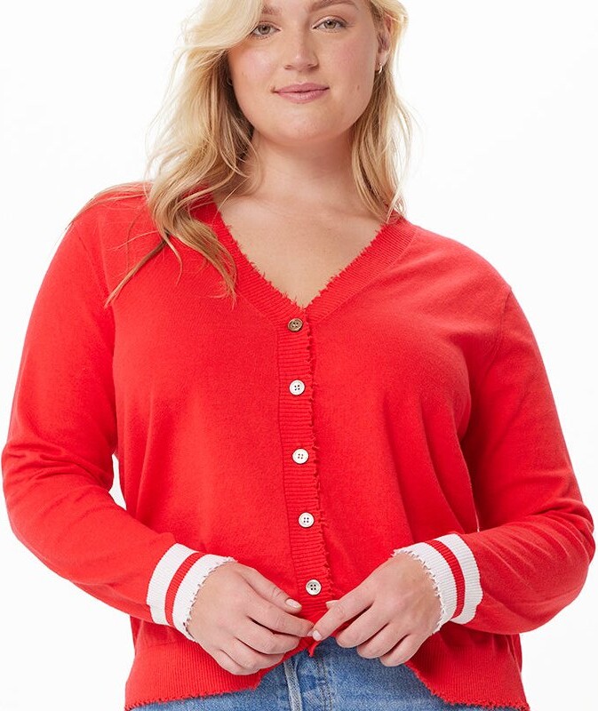 Minnie Rose Plus Size Cotton Cashmere Frayed Cardigan With Striped Cuff ...