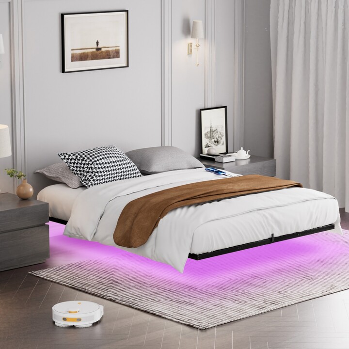 Simplie Fun Queen Size Floating Bed Frame with Lights and Charger ...