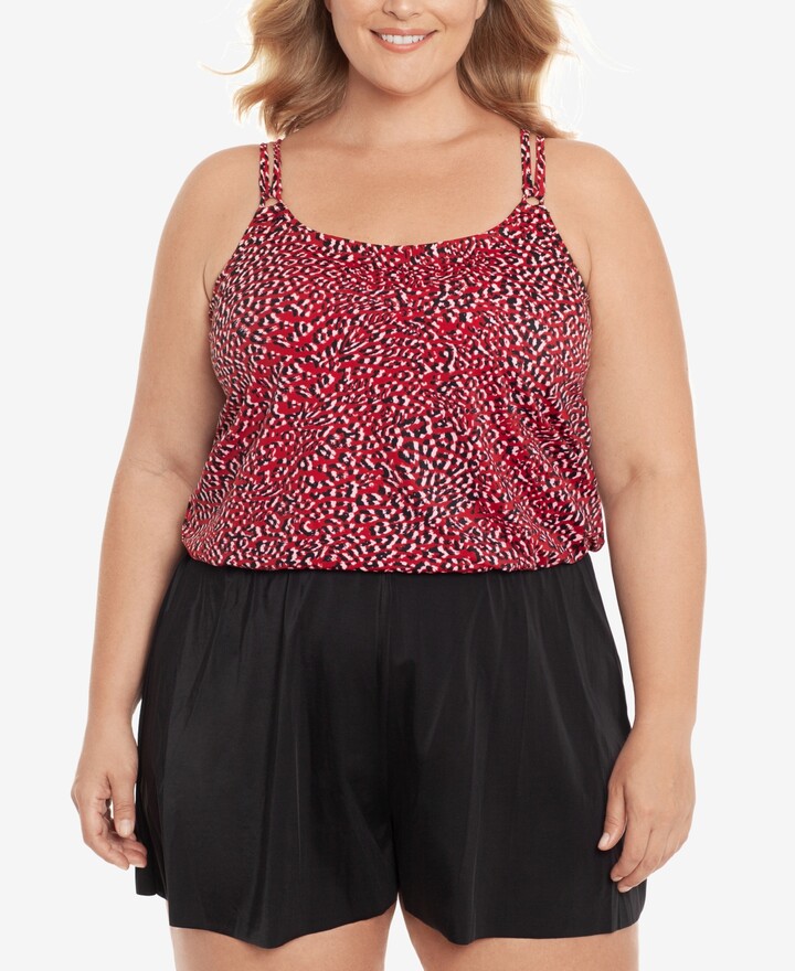 Swim Solutions Plus Size Printed Baby Spice Double-Strap Tummy-Control ...