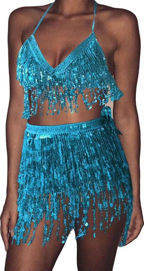 FeMereina Women´s Sexy Rave Fringe Belly Tassel Mini Skirt Dance and Sequins Bra Top Party Club ...