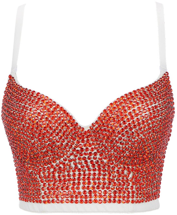 each women Red Rhinestone Corset Sparkle Gemstone Bustier Crop Top ...