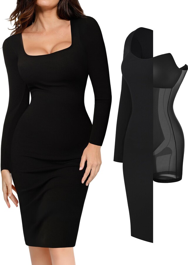 Popilush Black Long Sleeve Midi Dress Built in Shapewear for Women 8 in ...