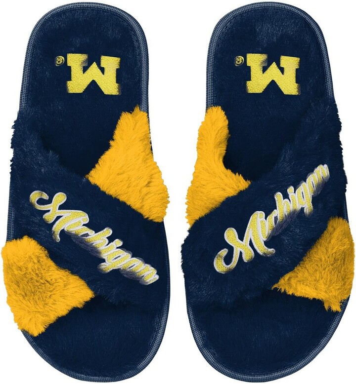 Women's Foco Navy Michigan Wolverines Two-Tone Crossover Faux Fur Slide ...