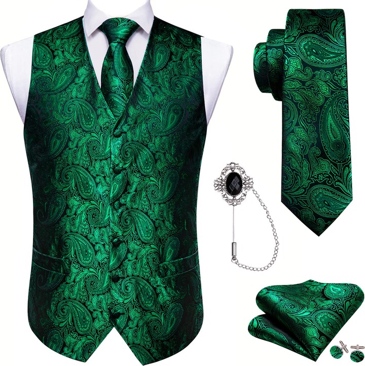 Barry.Wang Emerald Green Paisley Dress Suit Vest for Men Silk Business ...