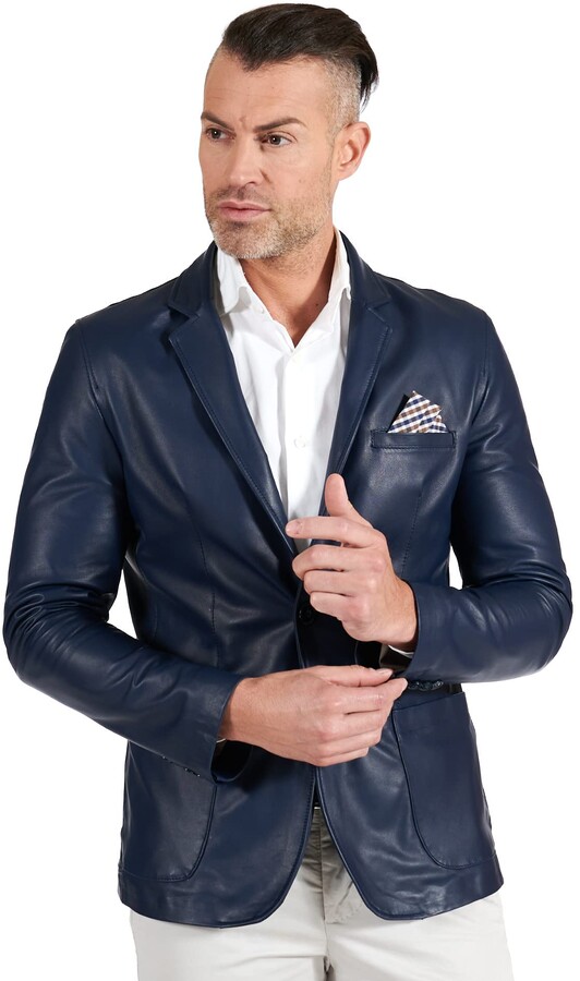 D'Arienzo Mens Italian Blue Navy Genuine Leather Blazer Spring Summer ...