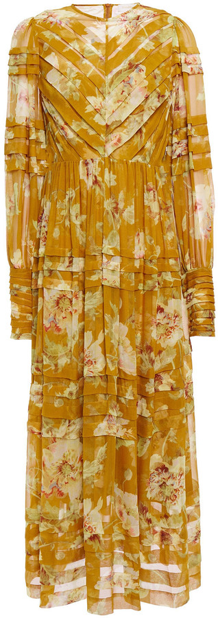 Zimmermann Sabotage Pintucked Floral Print Silk Chiffon Midi Dress
