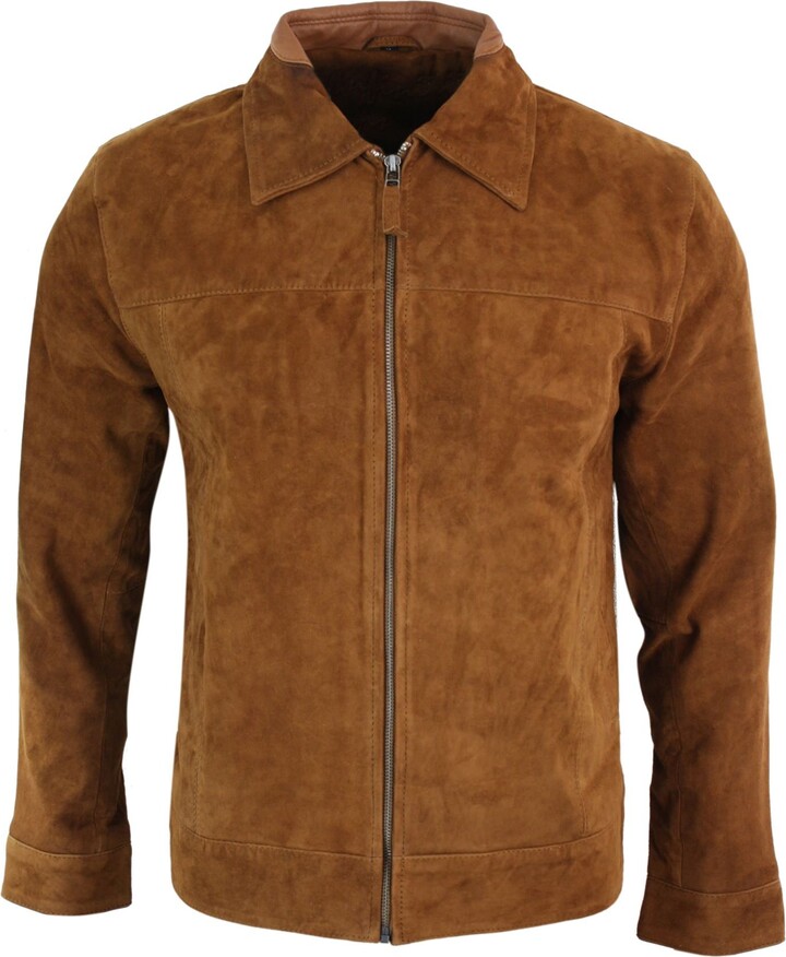 Infinity Leather Mens Real Suede Leather Classic Zip Jacket Camel Turn ...