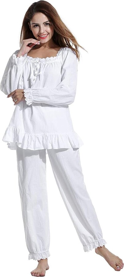 Sawekin Womens Pajamas Set Cotton Vintage Victorian White Long Sleeve ...