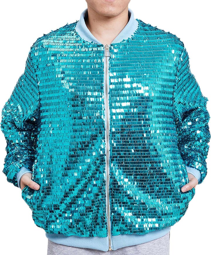 Beokeuioe 70s Disco Clothing Men's Sequin Flight Jacket Shiny Glitter Bomber Jacket Stand-Up ...